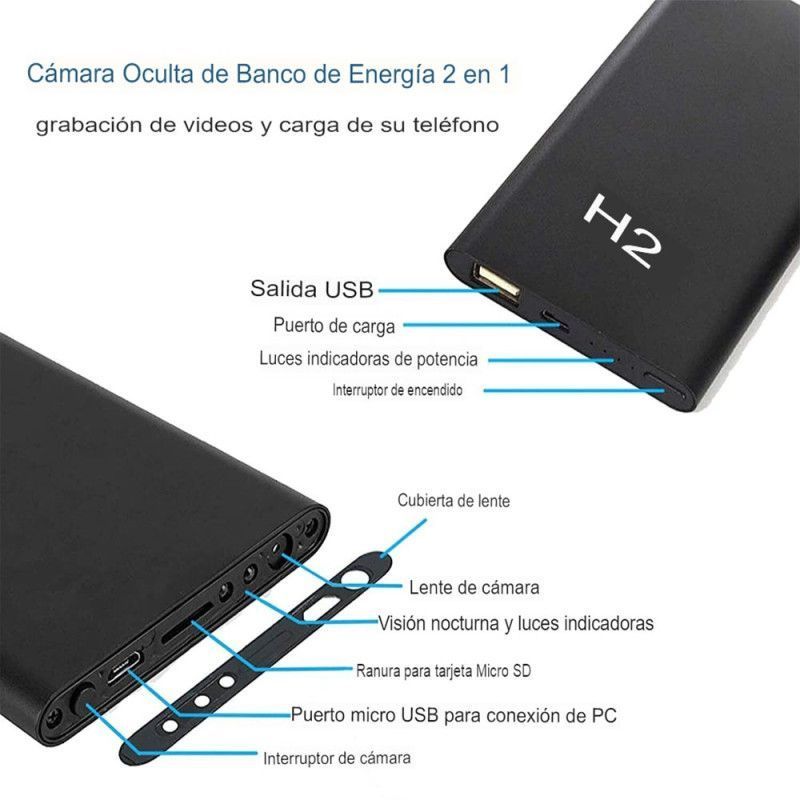 Batería Portátil Camara Espía Power Bank de 5000 mAh, HD 1080P ...
